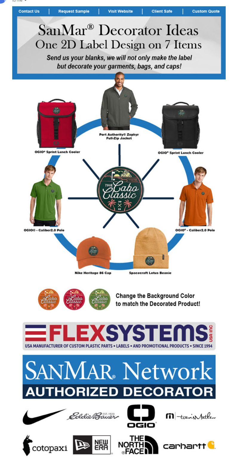 Decorator Ideas - One 2D Label Design on 7 Items, Flexsystems