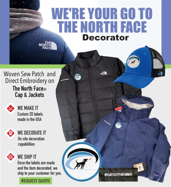 Woven Sew Patches and Direct Embroidery on North Face Caps & Jackets